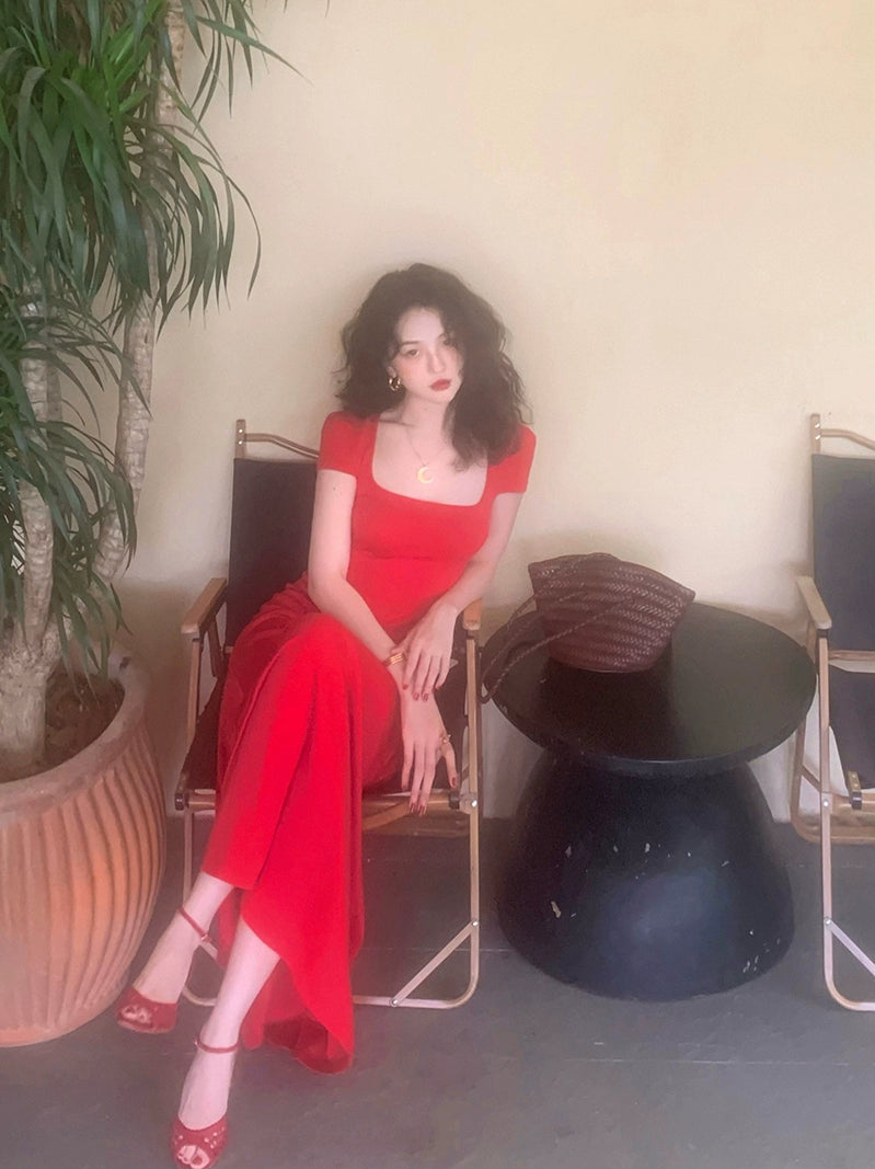 Square Neck Red Summer Dress: A square neck red dress that brings out ...